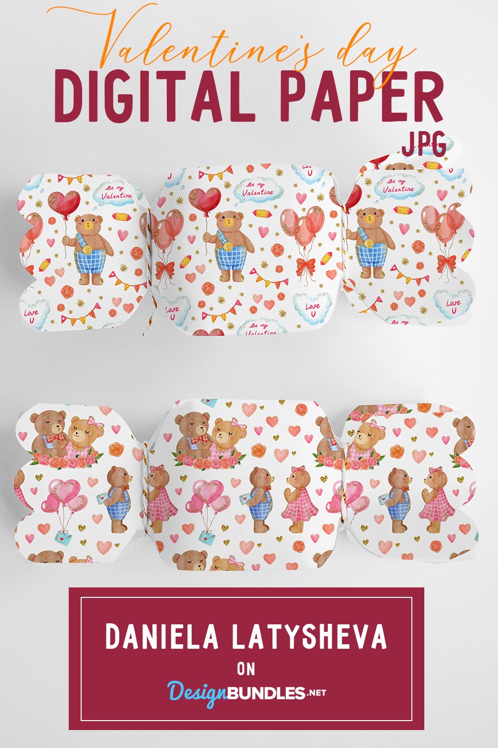 Watercolor digital paper for valentine day with teddy bear