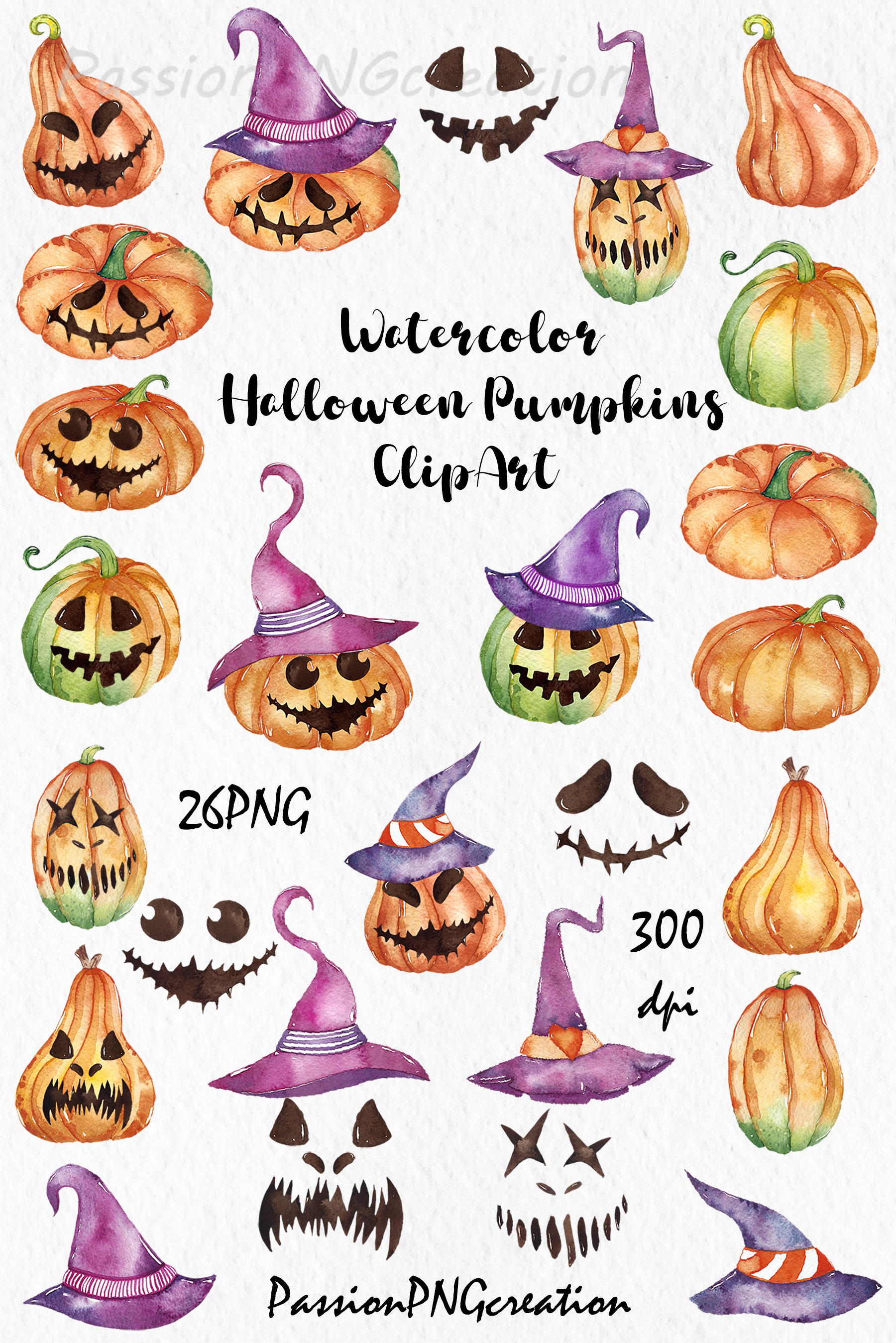 Watercolor Halloween Pumpkins clipart, Jack-o-lanterns