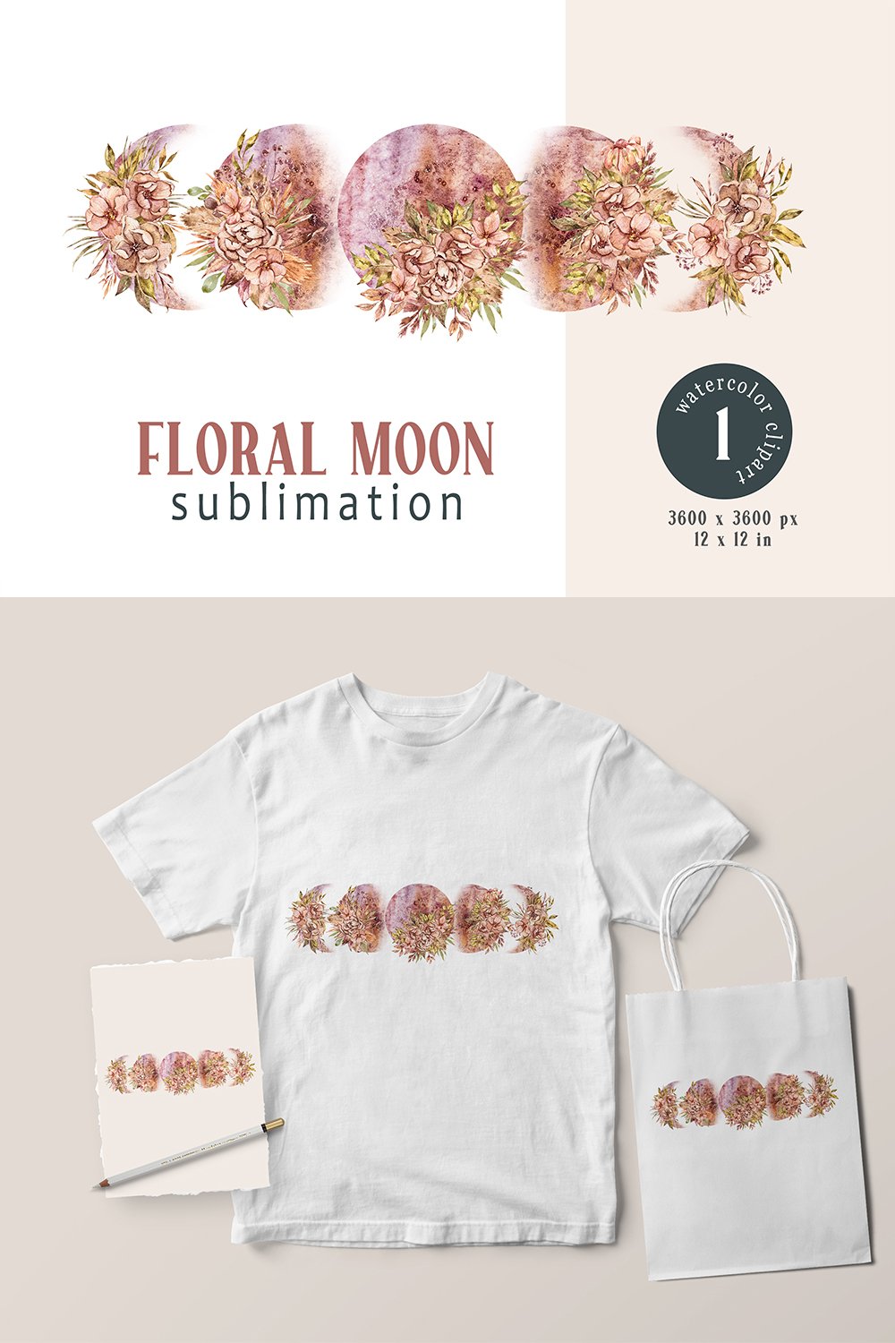 Watercolor floral moon phases sublimation- 1 png file