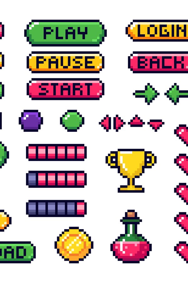 Pixel game buttons. Games UI, gaming controller arrows and 8