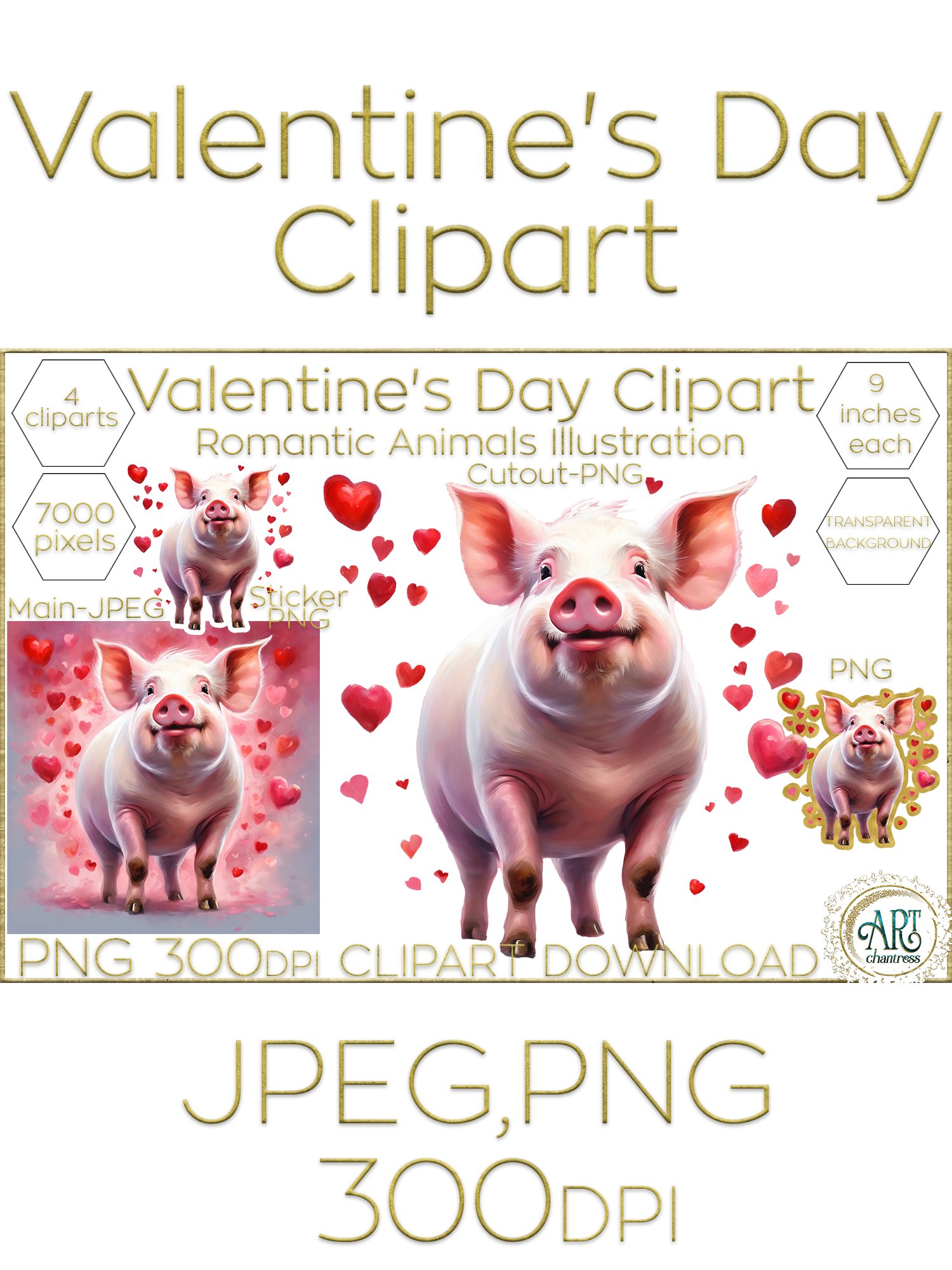 Cute Valentines Day Pig Clipart Funny Animals Pink (3068720)