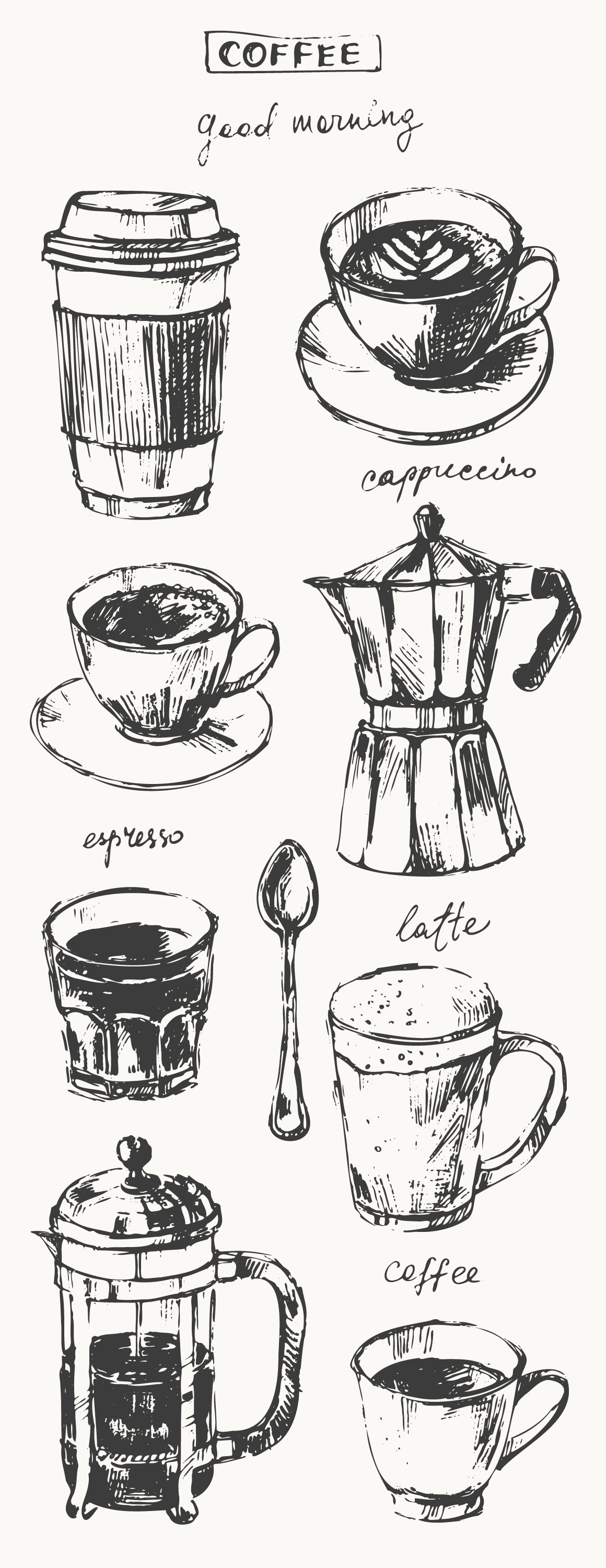 Coffee sketches set, cup, pot, latte, espresso, cappuccino