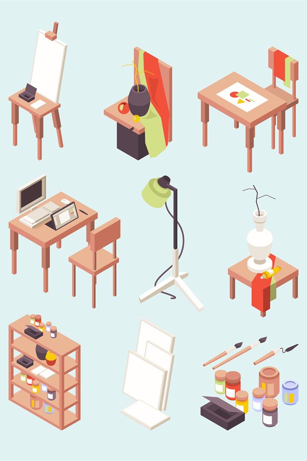 Art studio. Items for artists paints brushes with easels wor