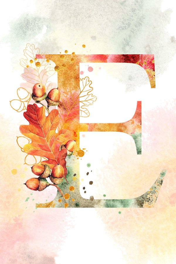 Fall Watercolor Letter, Monogram E clipart JPG PNG