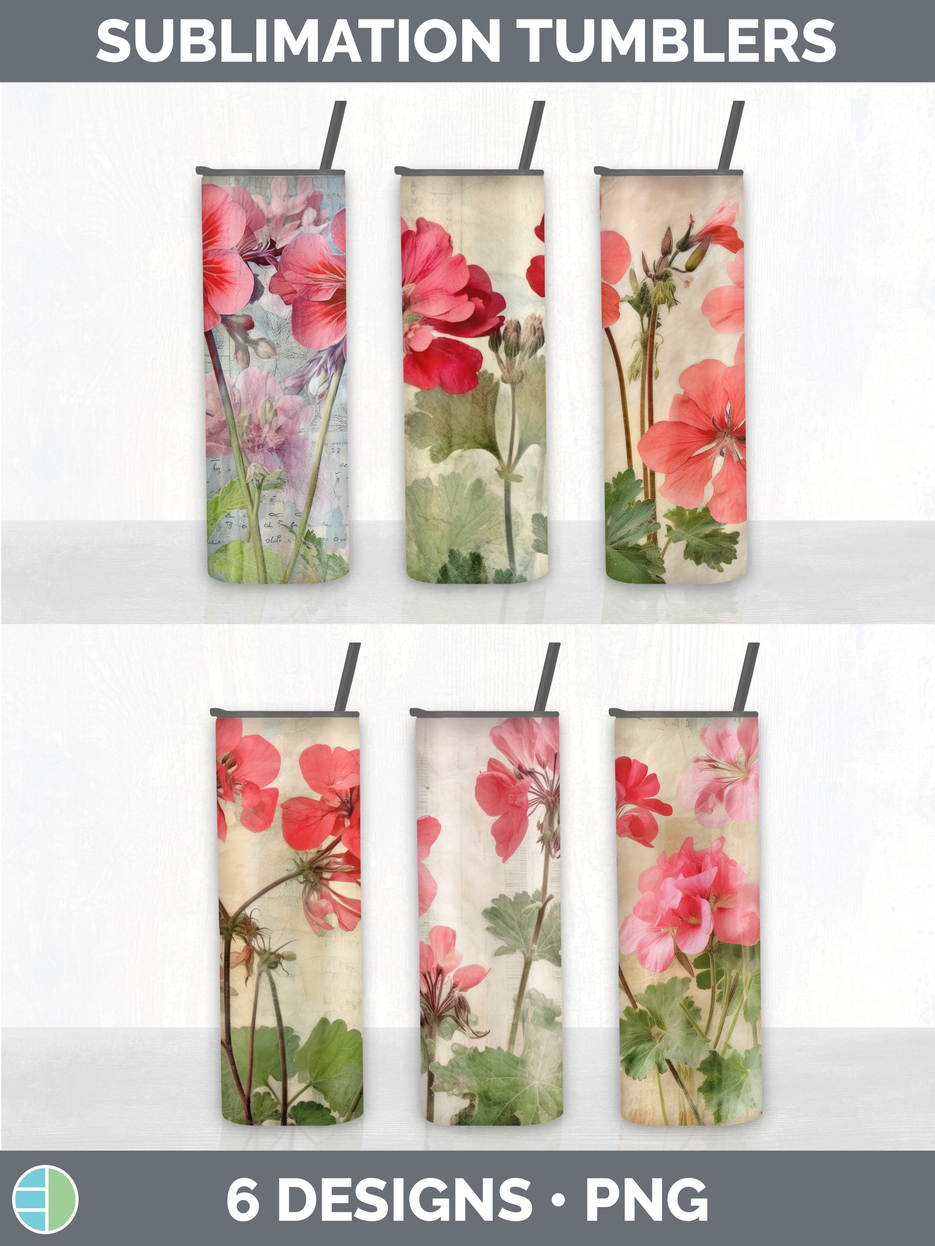 Vintage Geranium Flowers Tumbler | Sublimation 20 oz Skinny