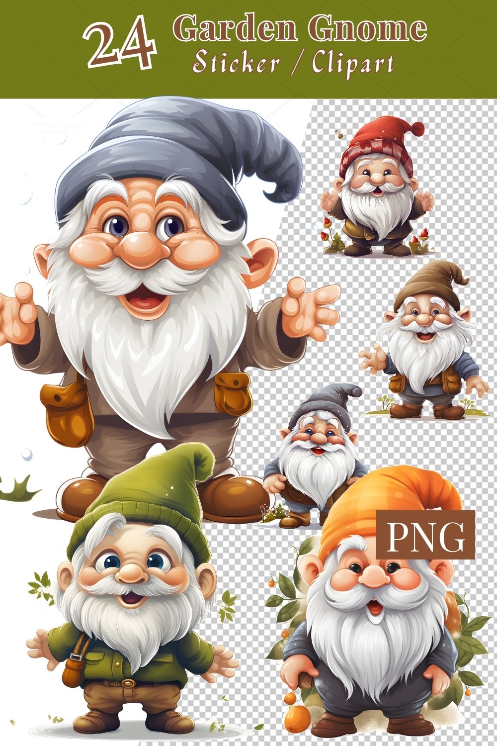 24 Digital cute garden gnome Clip Art Set, PNG