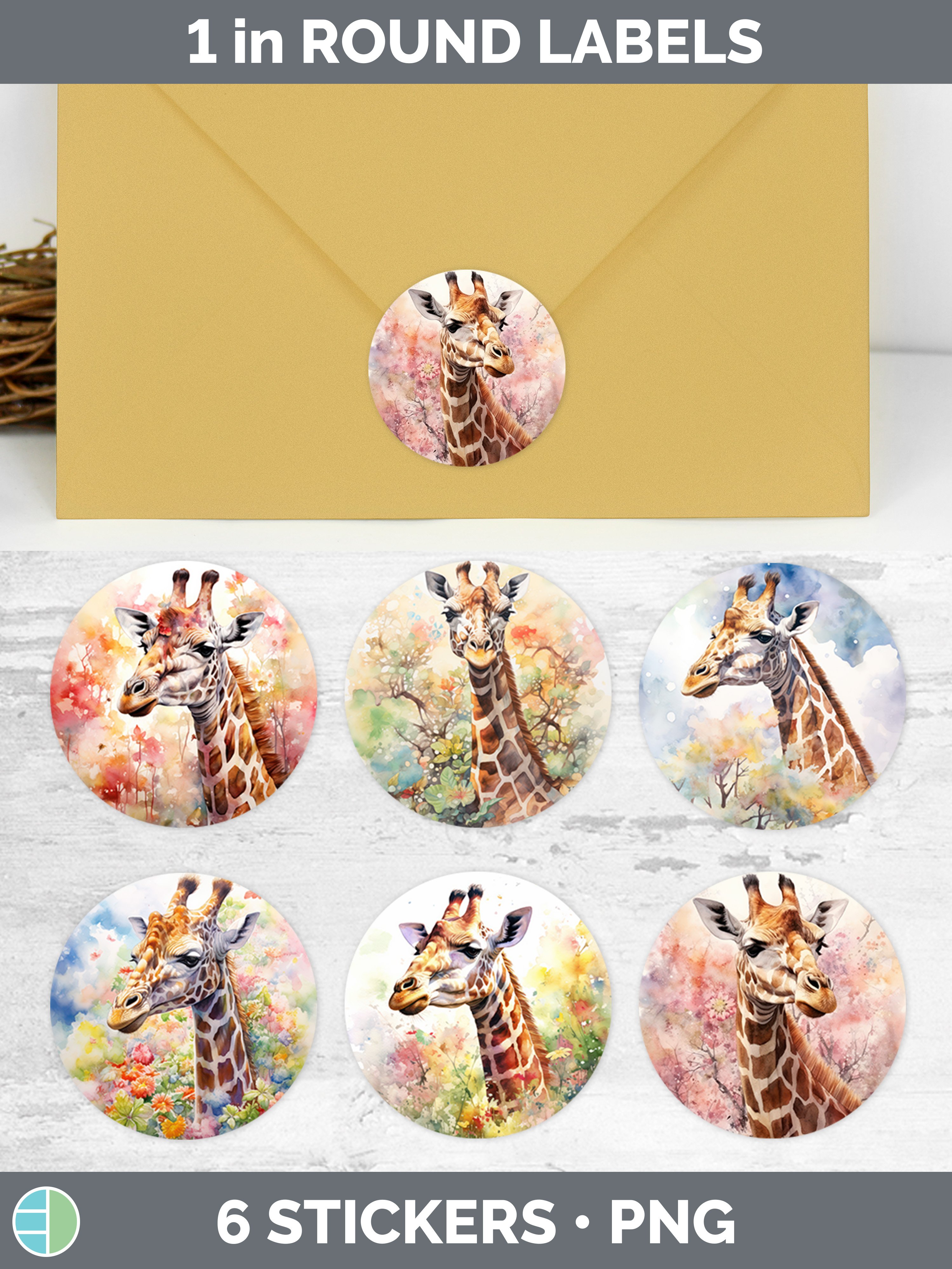 Japanese Watercolor Giraffe Stickers | Round Labels Designs