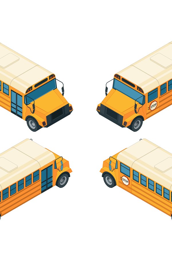 School bus isometric. Various views of school bus
