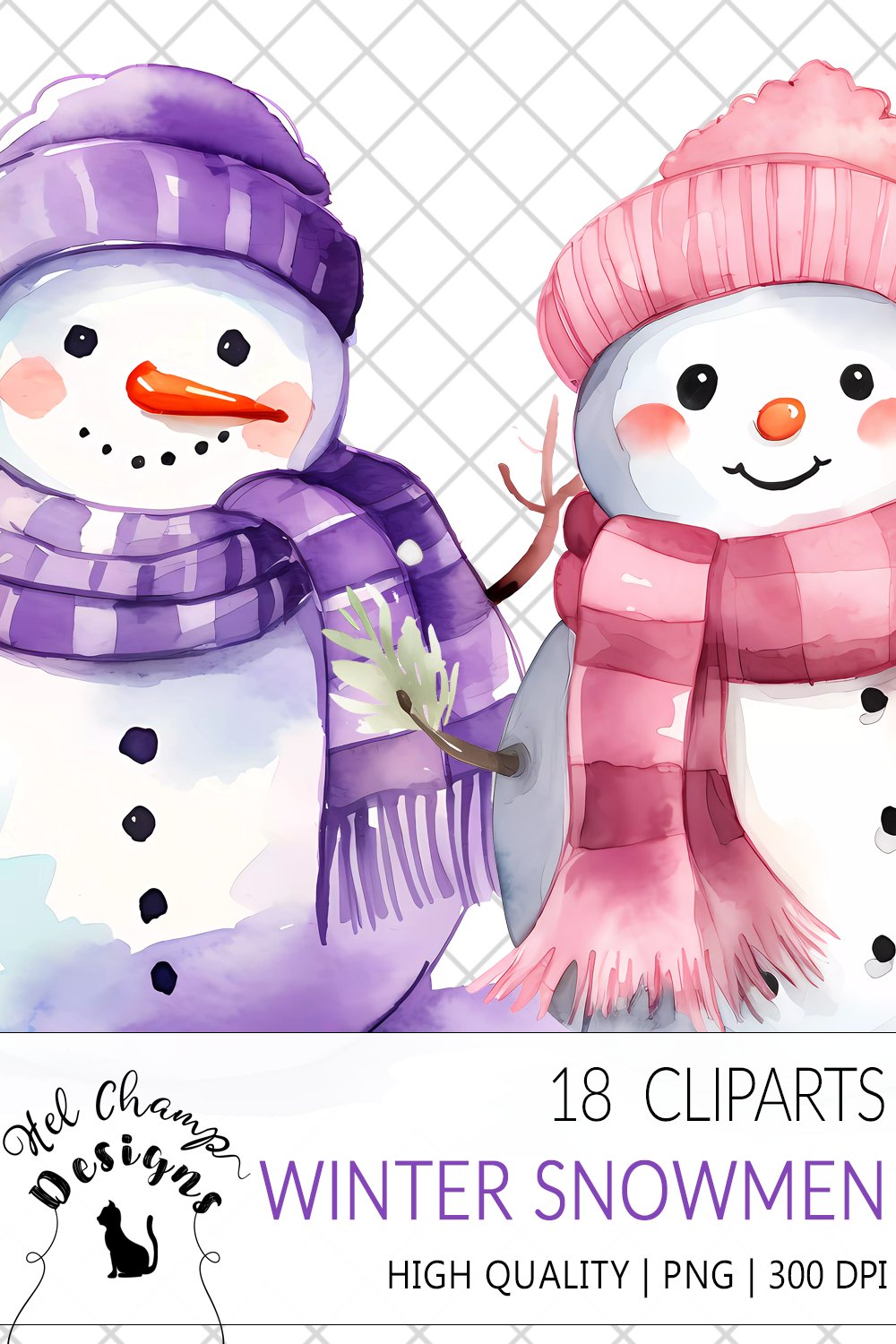 Bundle watercolor winter snowmen scarfs transparent clipart