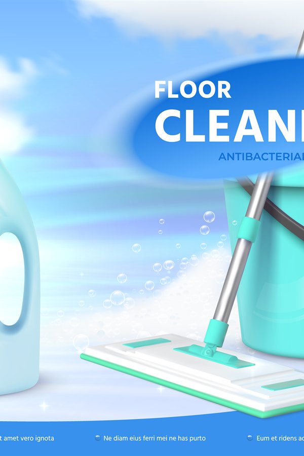 Floor cleaning product poster with realistic mop and bucket