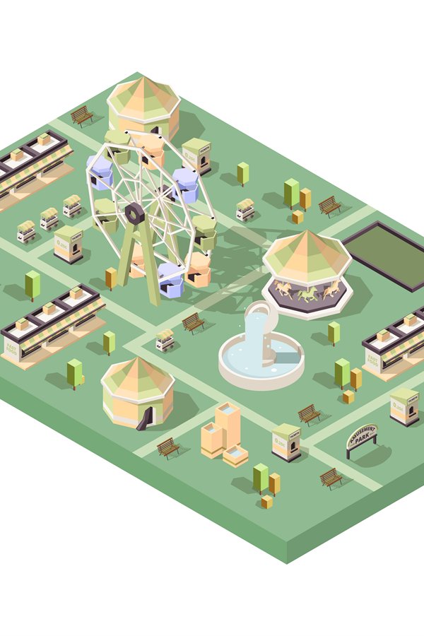 Amusement park. Happy kids attractions rollercoaster wheel f