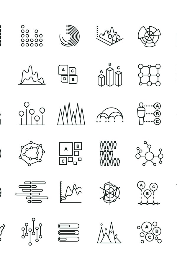 Statistics business graphs and charts outline vector icons.
