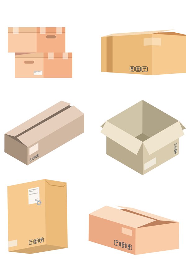 Flat cardboard boxes. Carton parcels delivery, open and clos
