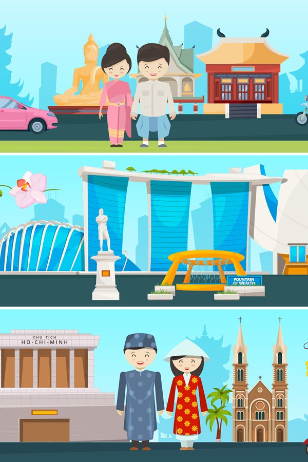 Banners illustrations of east countries vietnam, thailand an