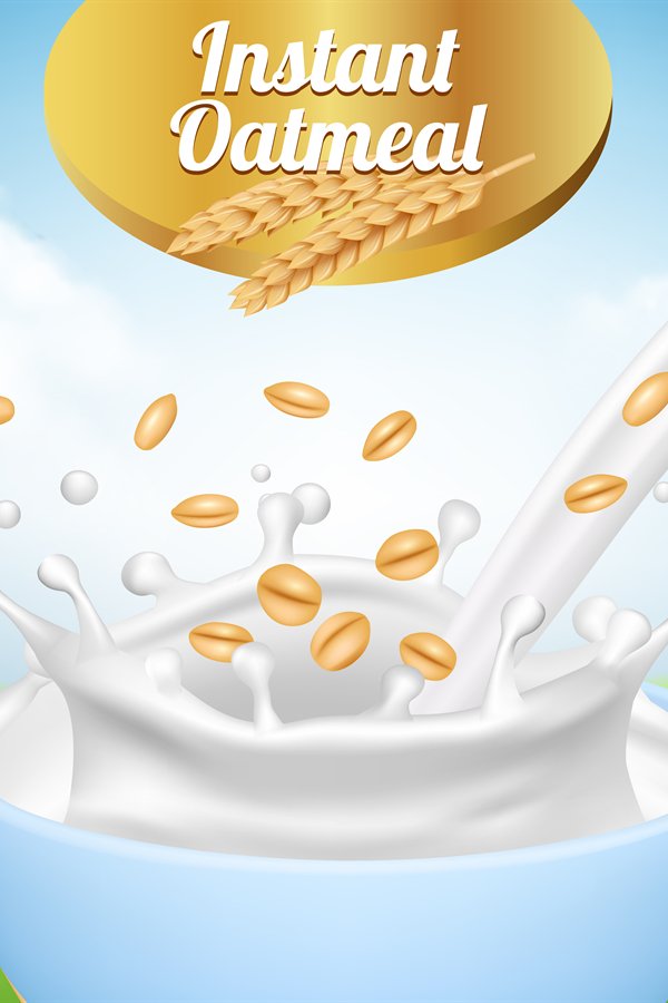 Oatmeal. Ad placard template with milk and wheat healthy org