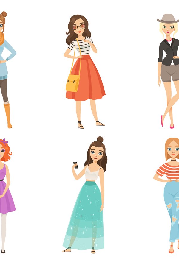 Fashionable girls. Cartoon female characters in various fash