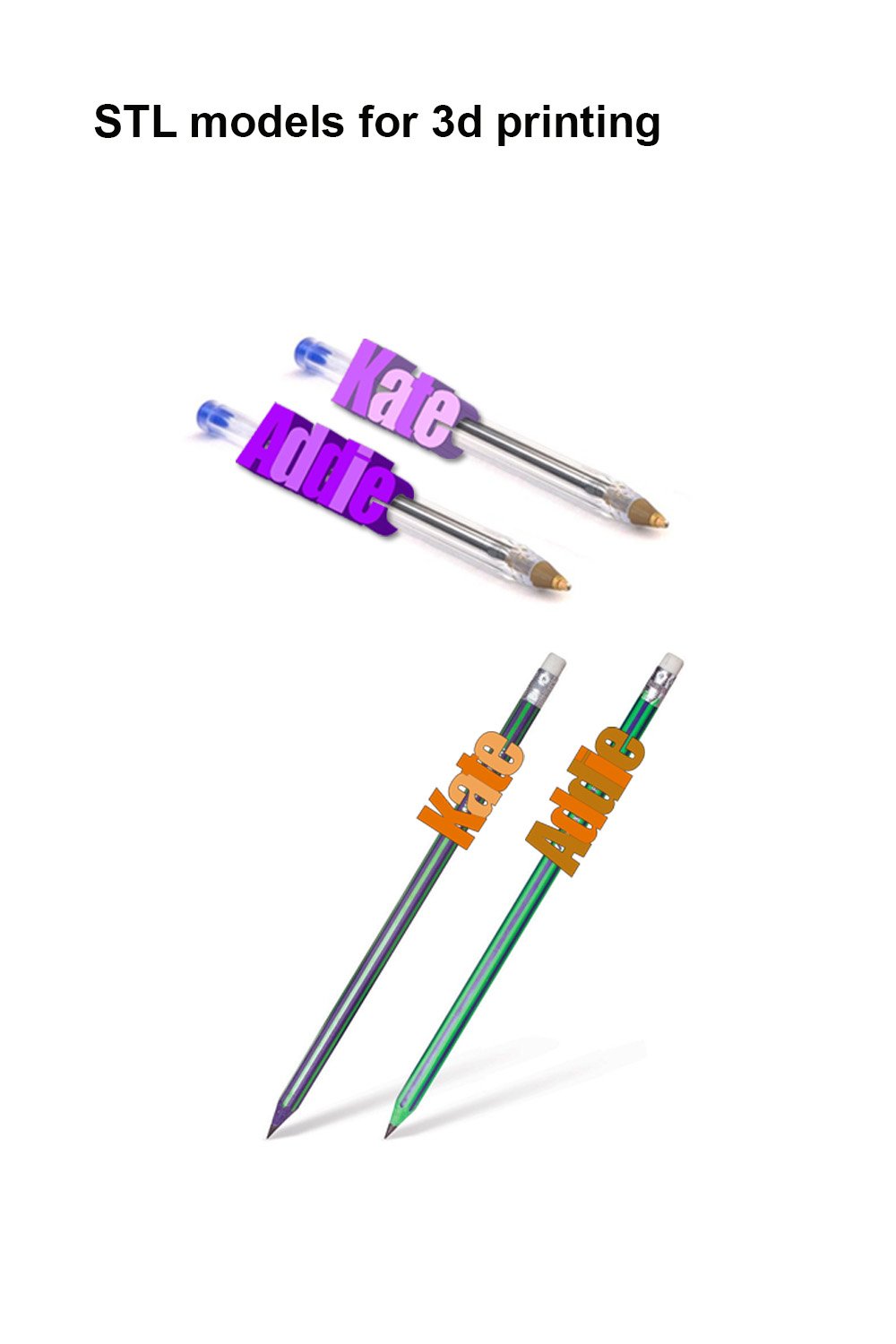 Pen/Pencil Names Toppers, Stl Files for 3d Printing.