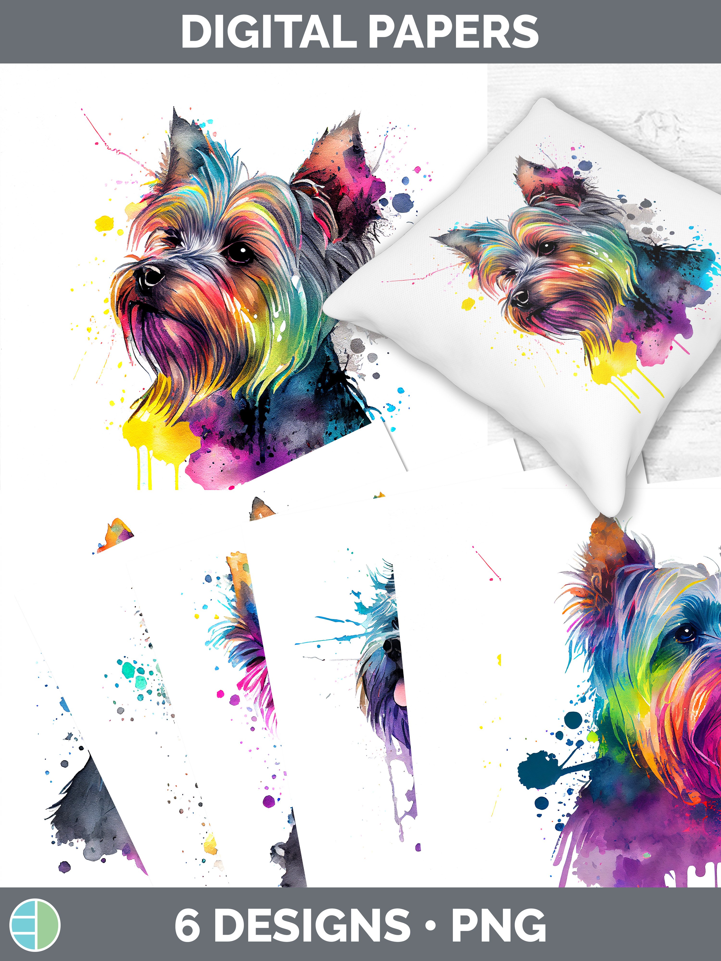 Rainbow Yorkshire Terrier Dog Paper Backgrounds | Digital Sc