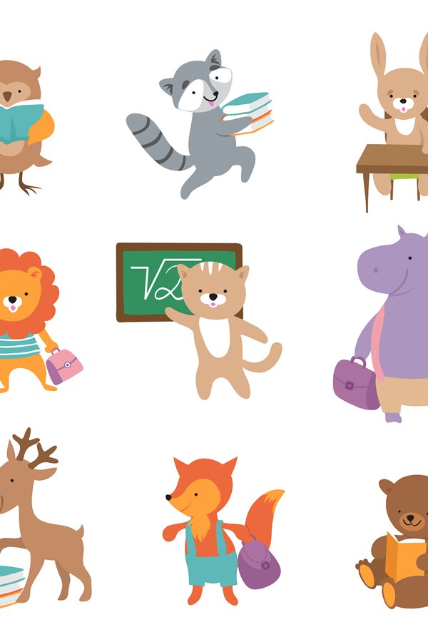 Cute school animals. Bear raccoon lion hare hippo fox, pupil