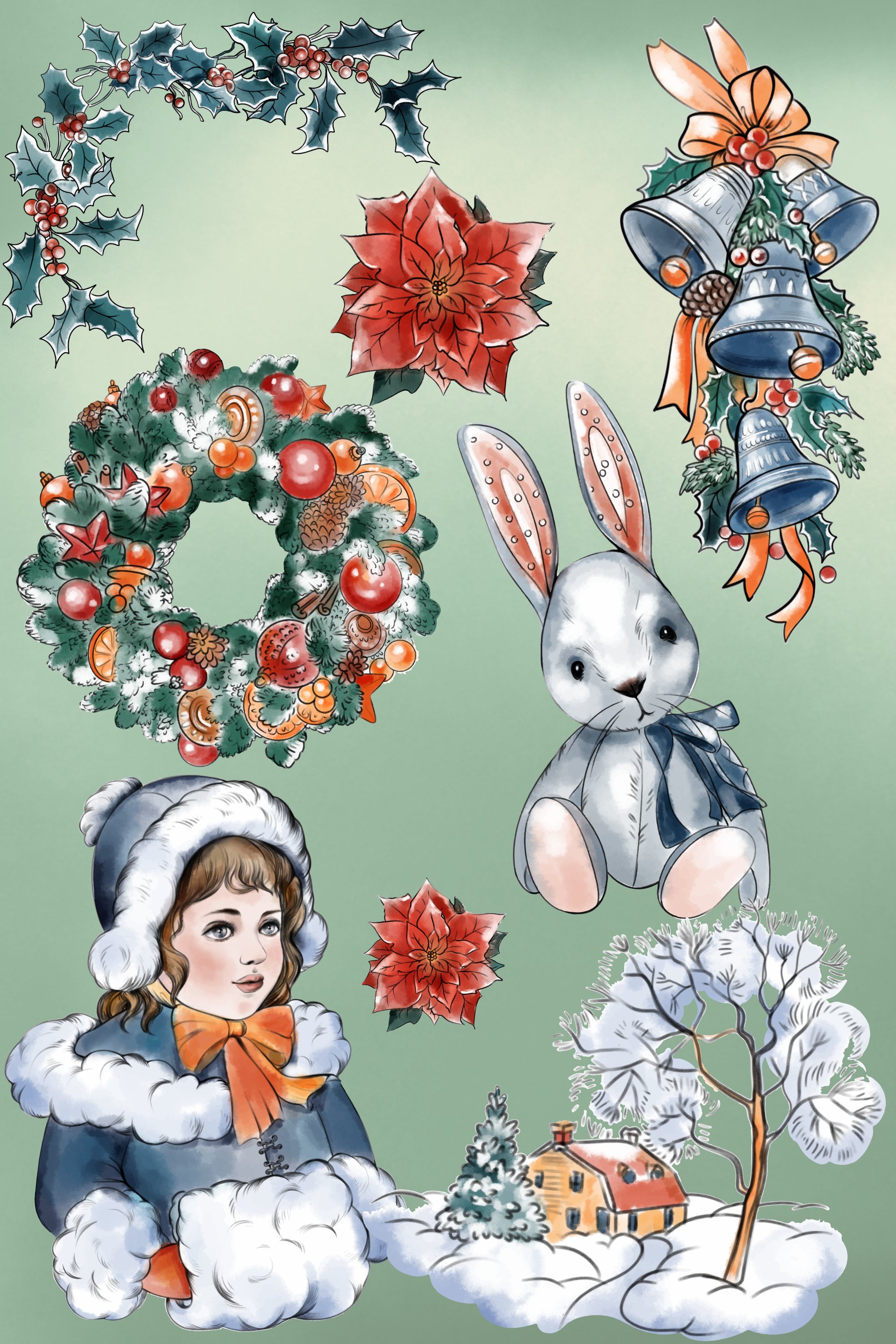 Christmas collection of ornaments clipart Watercolor Winter