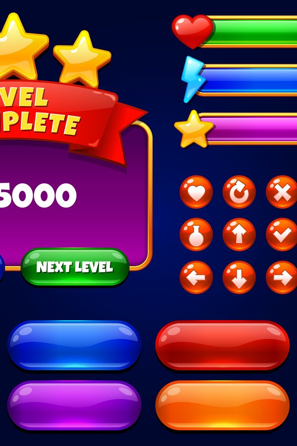 Game UI. Level complete menu with golden stars and buttons.