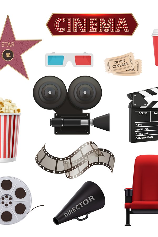 Movie realistic. Cinema objects camera camcorder film tape c