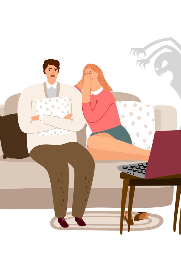 Scared man and woman watching horror movie vector illustrati
