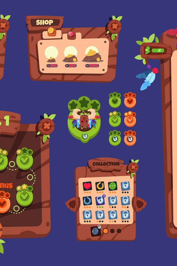 Cartoon game ui. Wooden elements and popup menu, buttons and