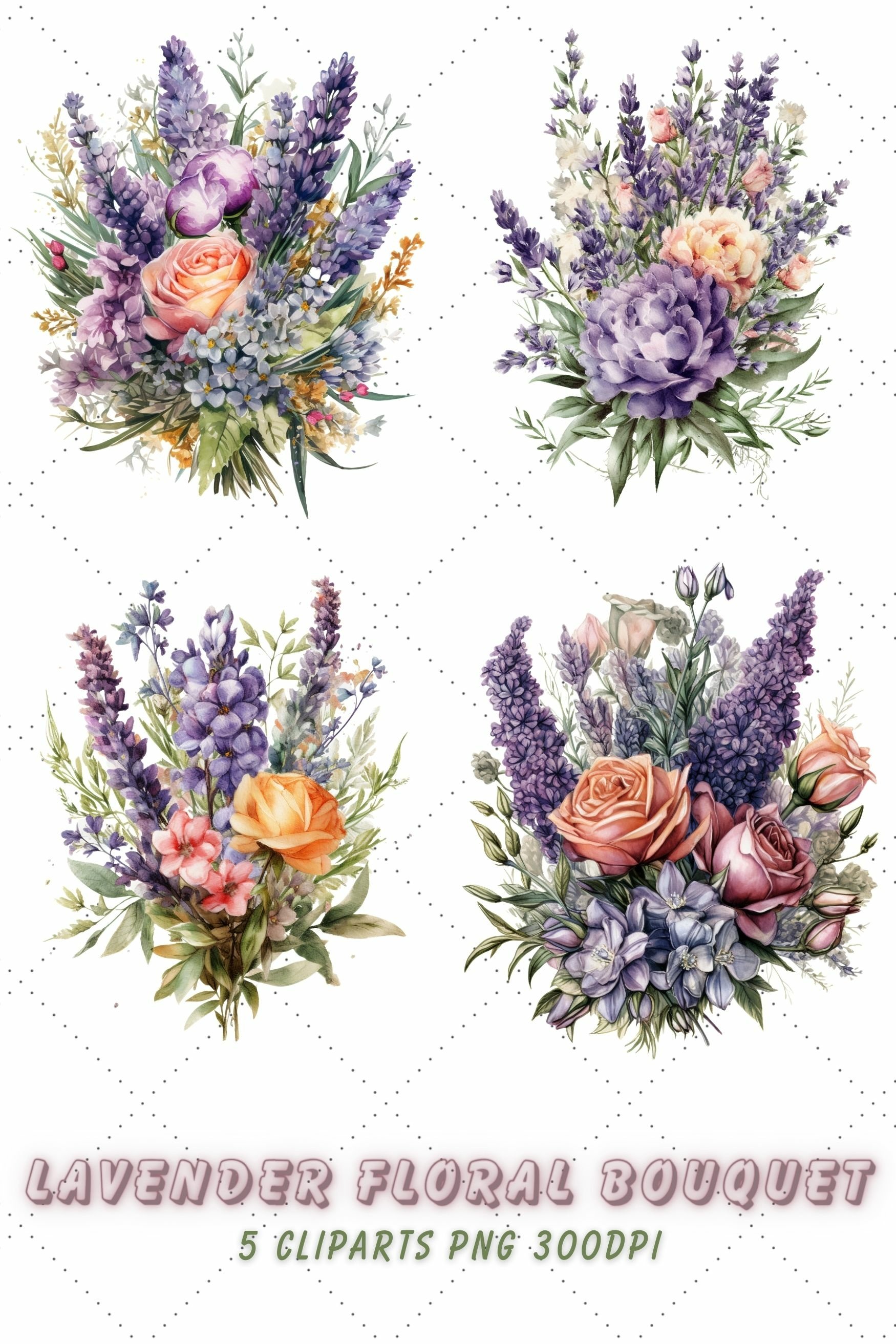 Retro Watercolor Lavender Floral Bouquet Clipart Bundle