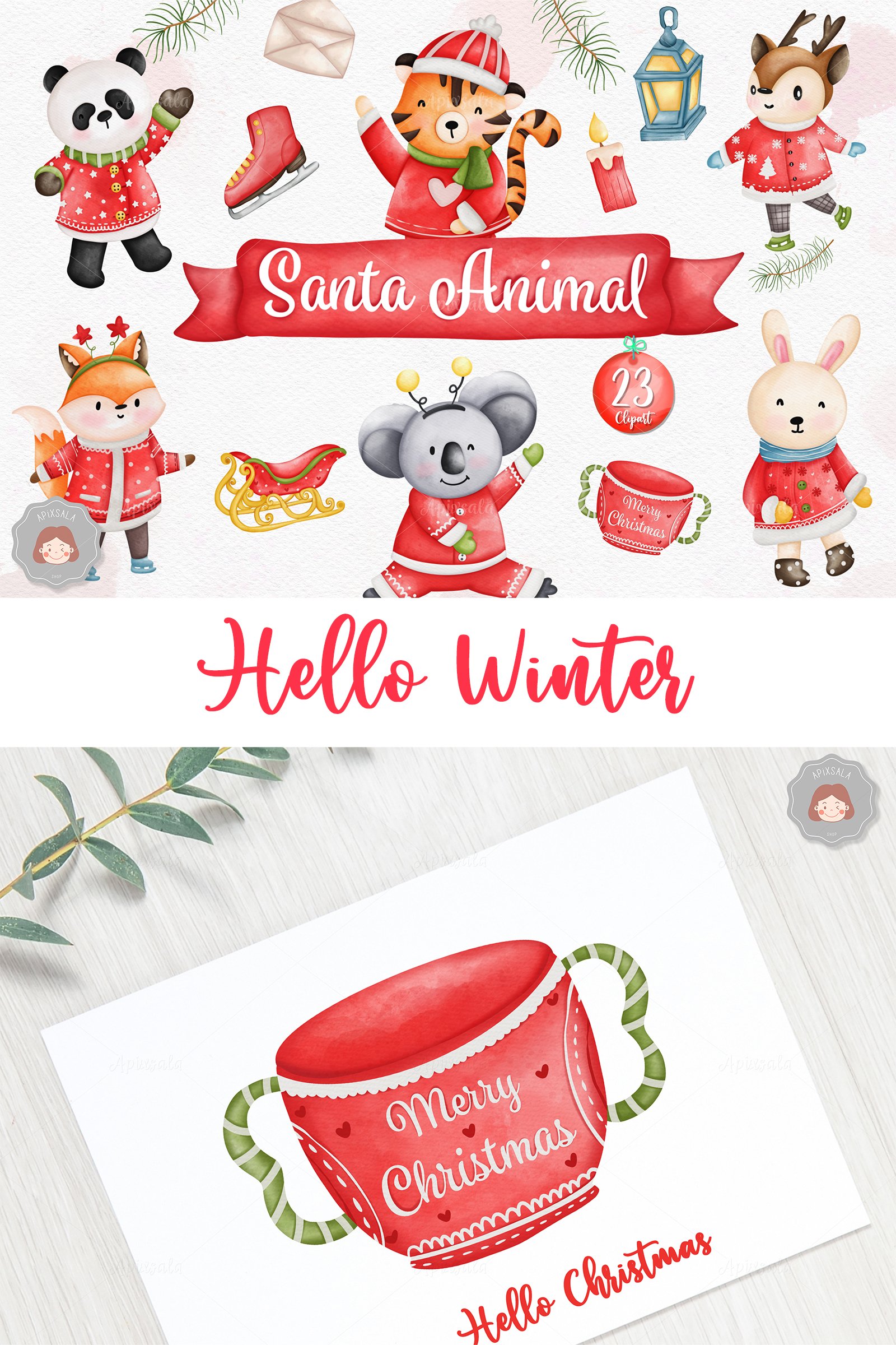 Watercolor Santa Animal Clipart | Christmas (2199399)