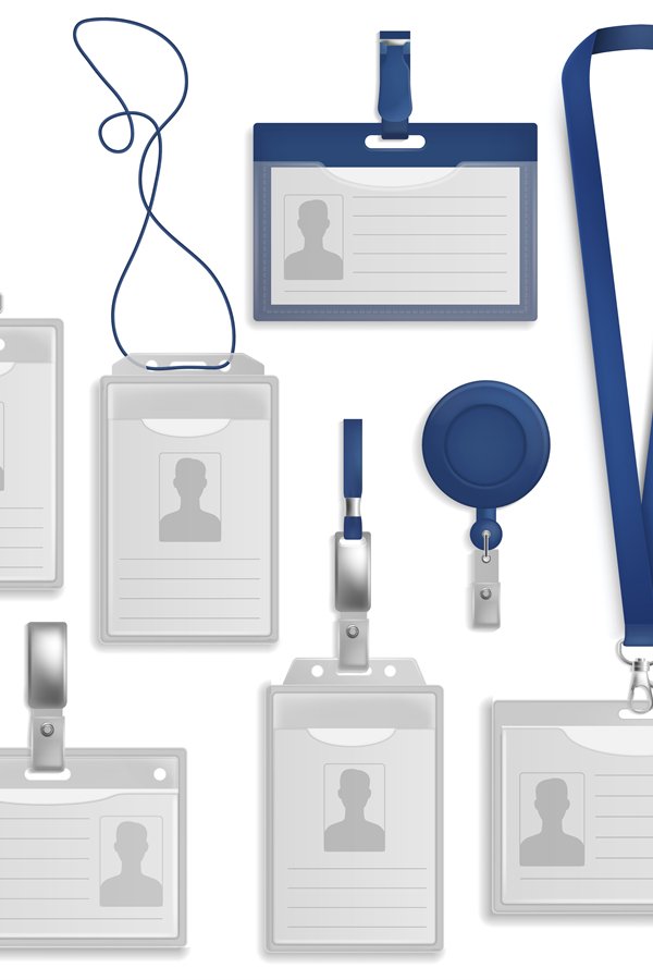 Badge ID. Realistic identification cards with holders and ne