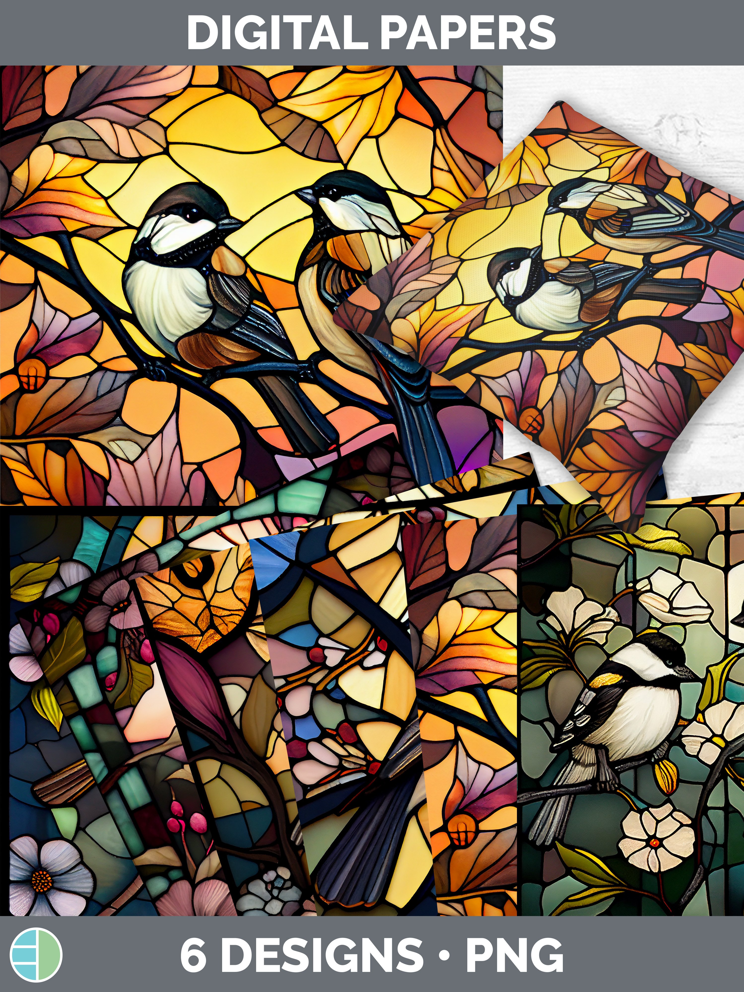 Stained Glass Chickadee Bird Paper Backgrounds | Digital Scr