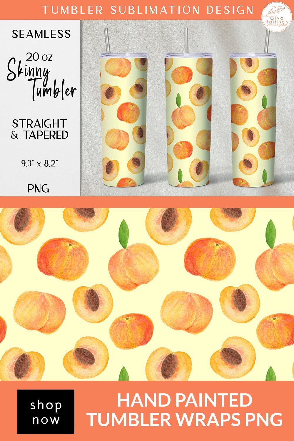 Peach Fruits 20oz Skinny Tumbler Sublimation Designs