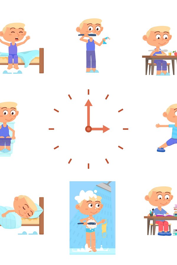 Boy daily schedule. Cartoon child, school routine. Cute kid