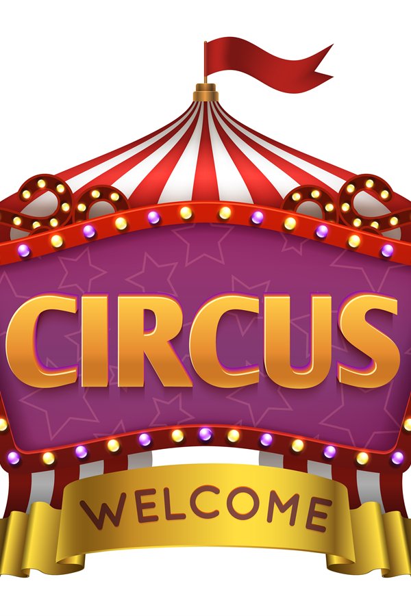 Circus welcome banner. Show red white striped tent, roof of