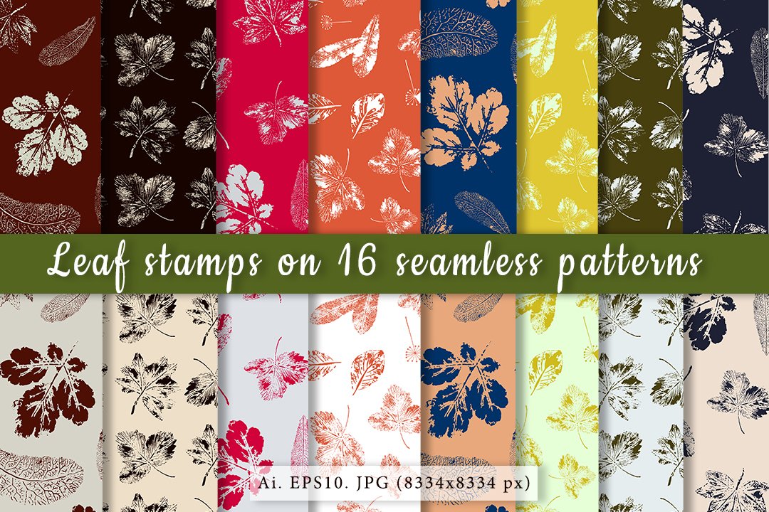 Leaf prints in 16 seamless patterns