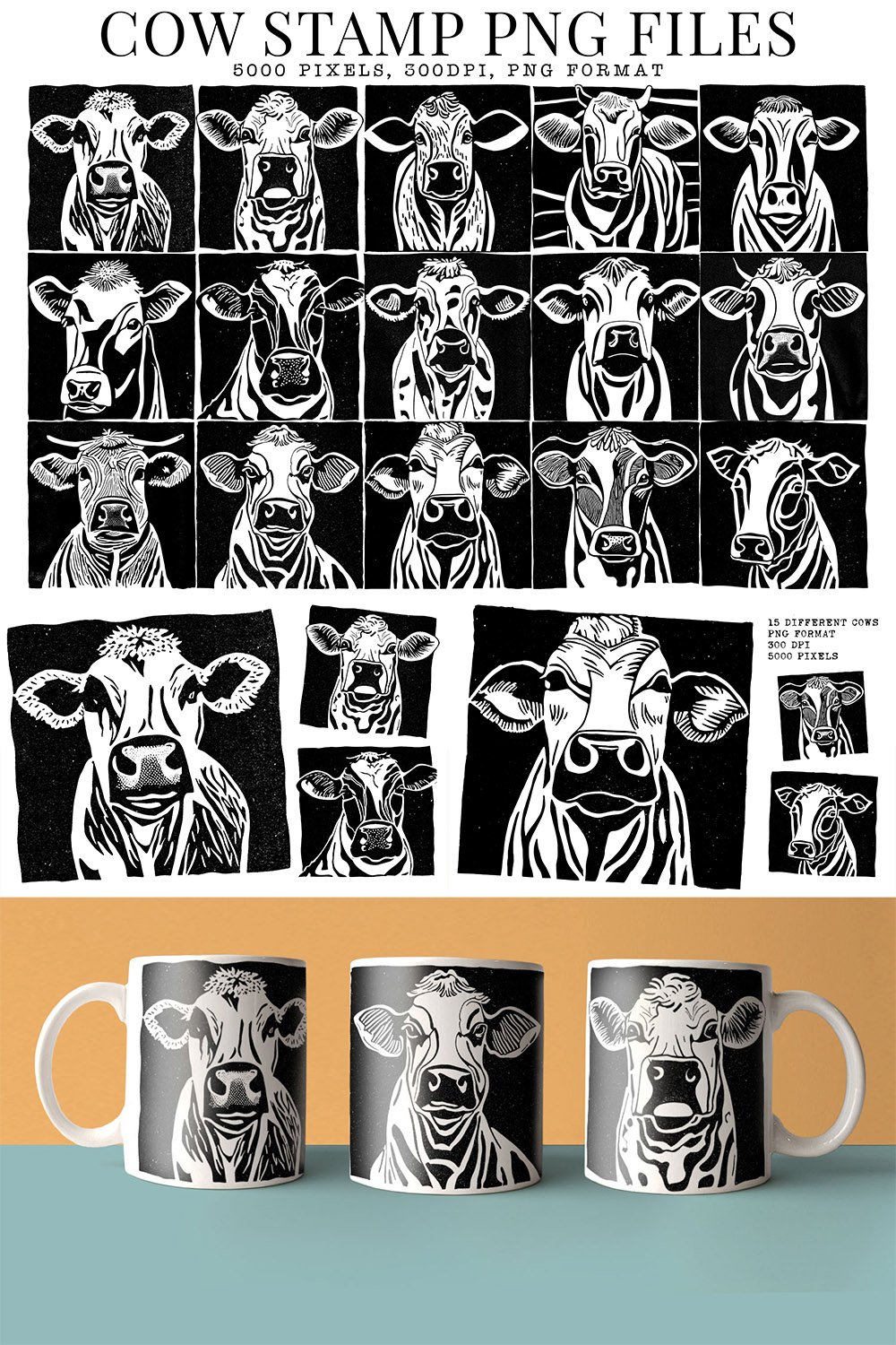 Cow Stamp Portraits Png Files