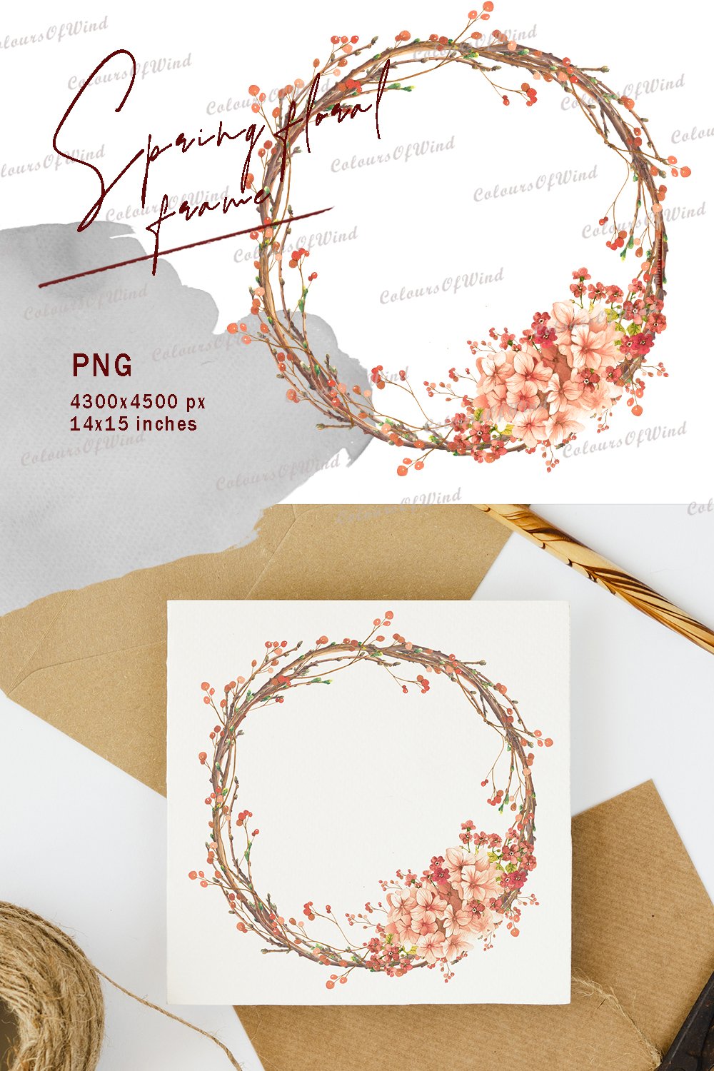 Watercolor Spring Pink Floral Wreath Clipart| Wedding Frame