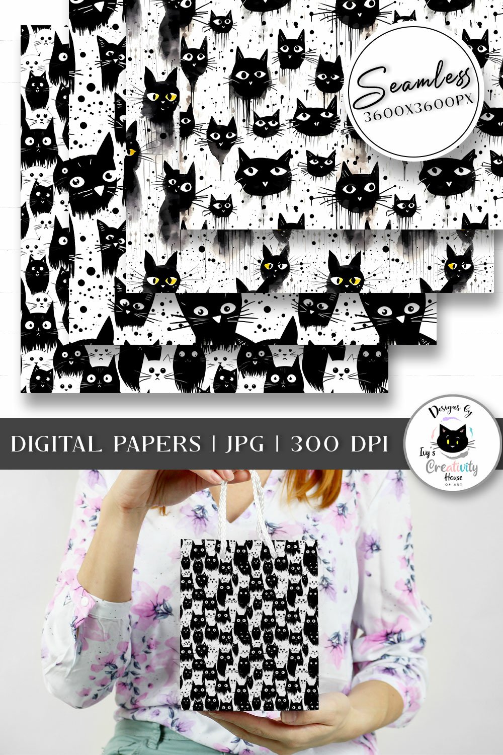 Black Cat Seamless Digital Paper | Halloween Cat Patterns