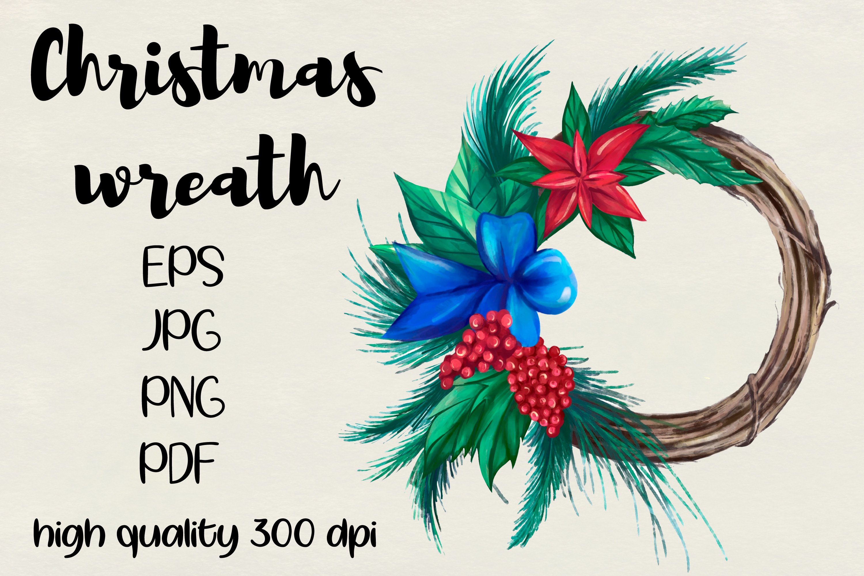 Watercolor Christmas wreath, Floral round Christmas frame