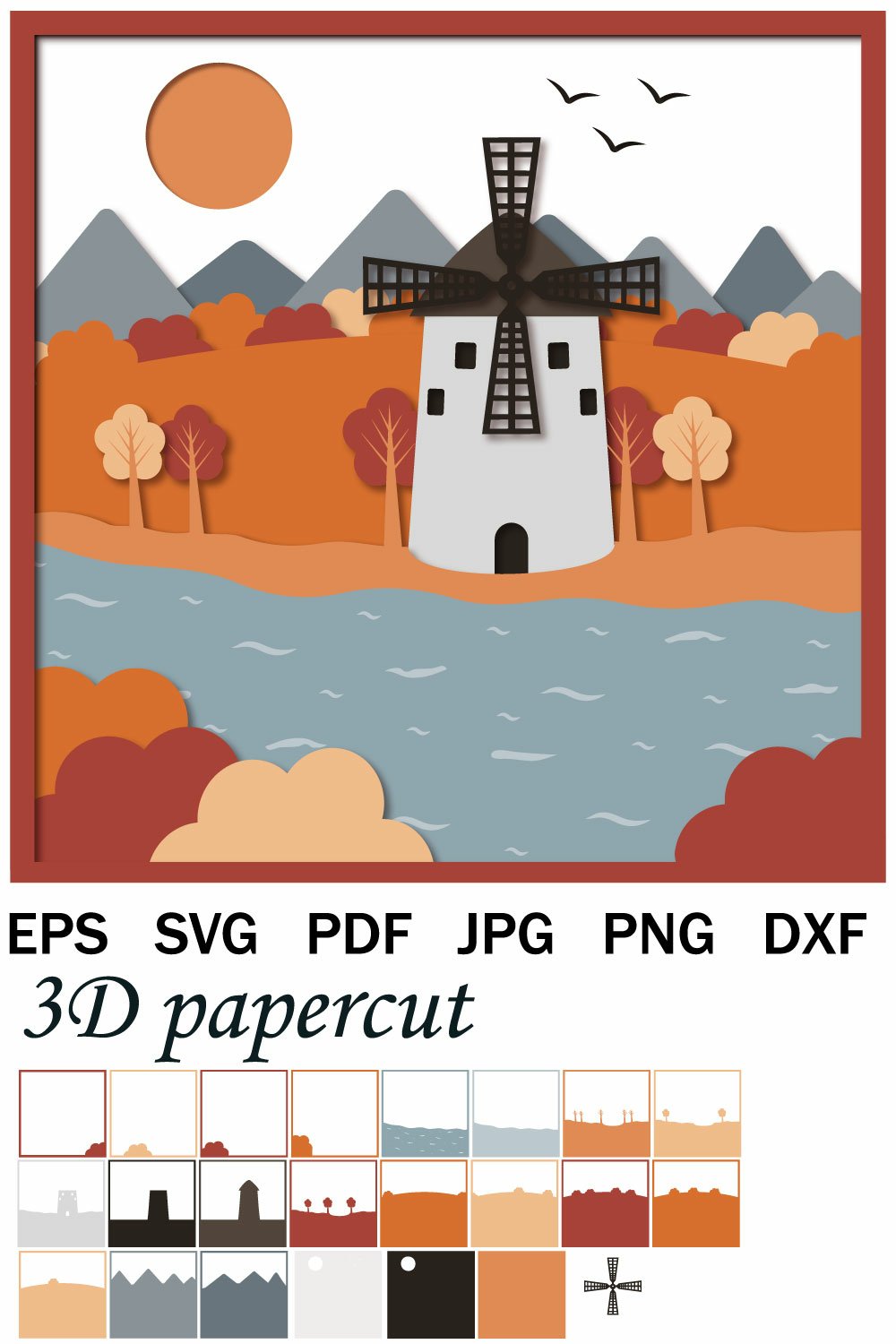 Multilayer 3D template autumn landscape svg, shadow box