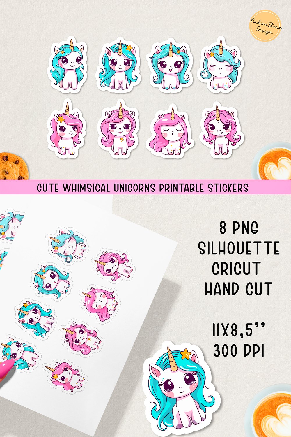Cute Whimsical unicorns printable stickers. PNG, JPG.