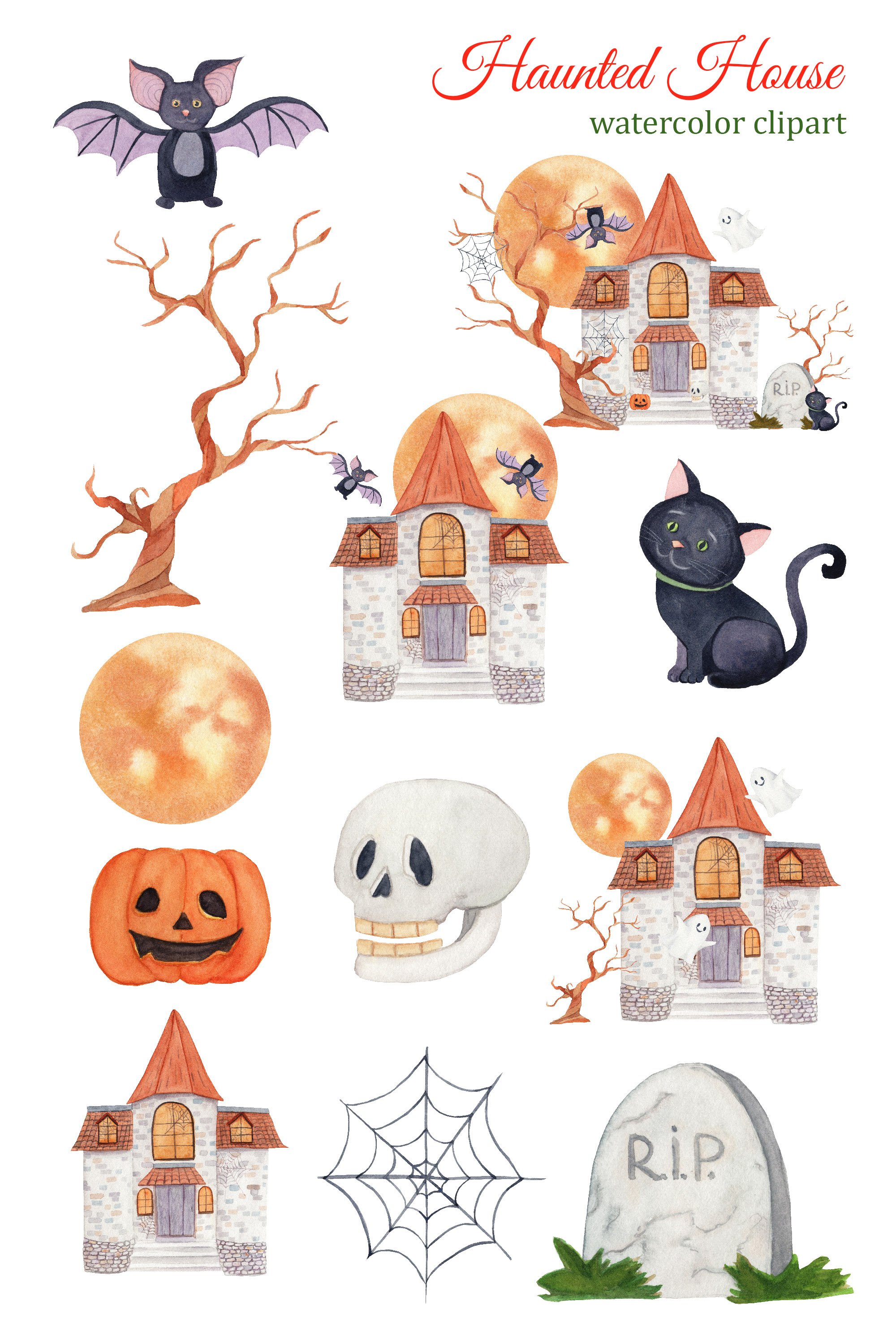 Haunted House Halloween Watercolor Clipart, Fall PNG