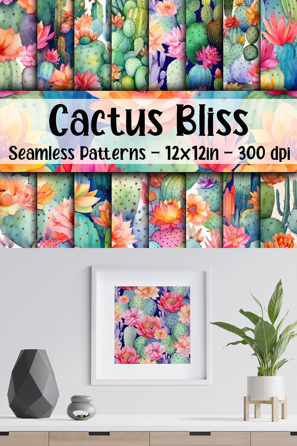Seamless Watercolor Cactus Digital Paper