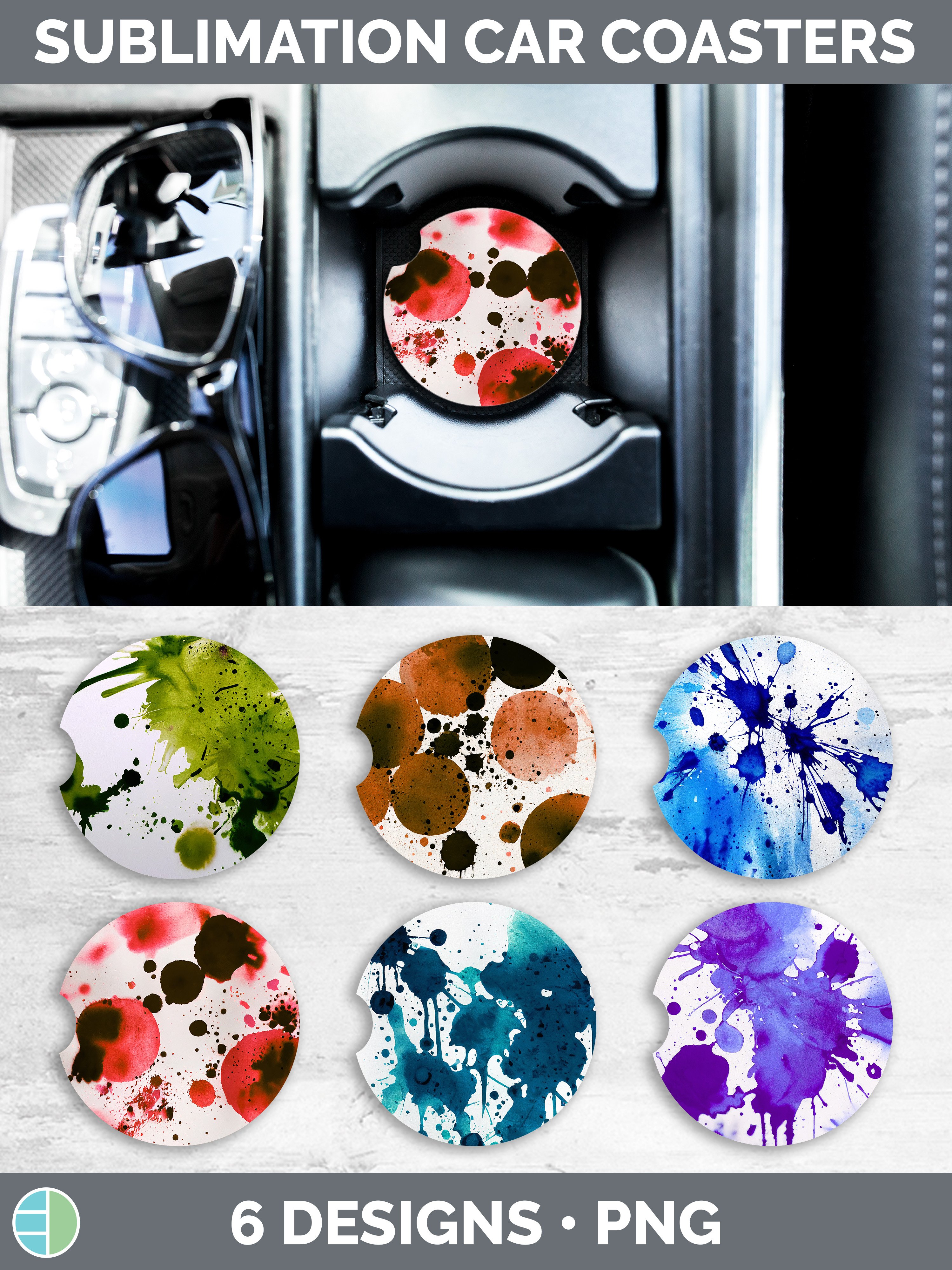 Watercolor Splatter Car Coaster | Sublimation Designs Bundle