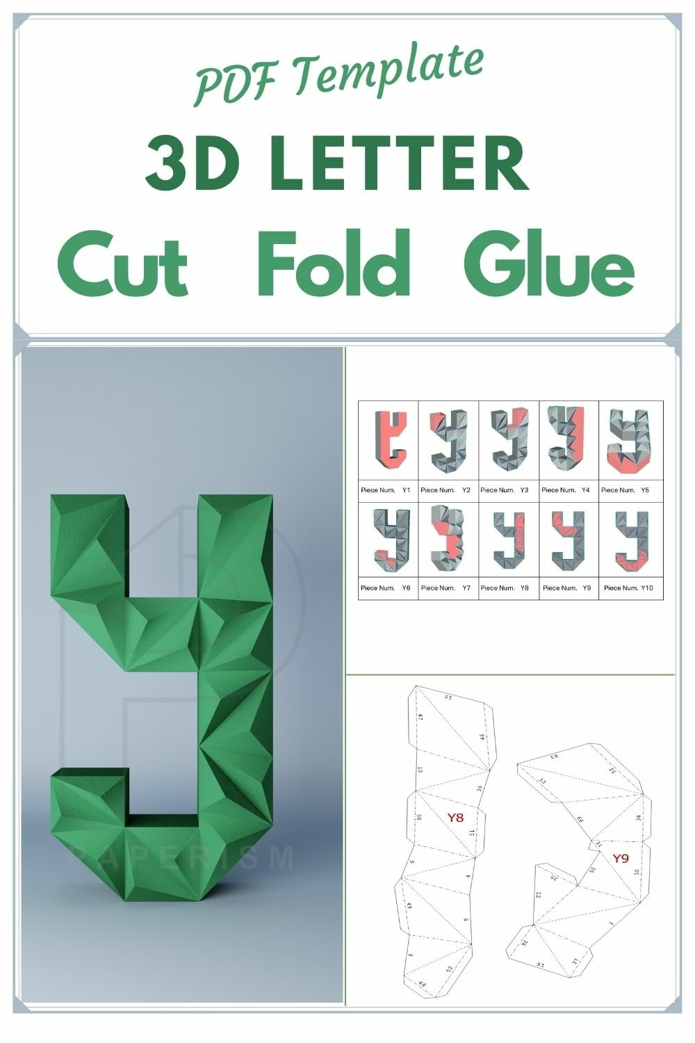 YLetter Papercraft, 3d Alphabet, DIY pdf template, low poly