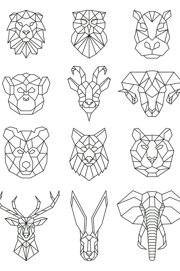 Polygonal geometric linear animal fox, deer, bear portraits.