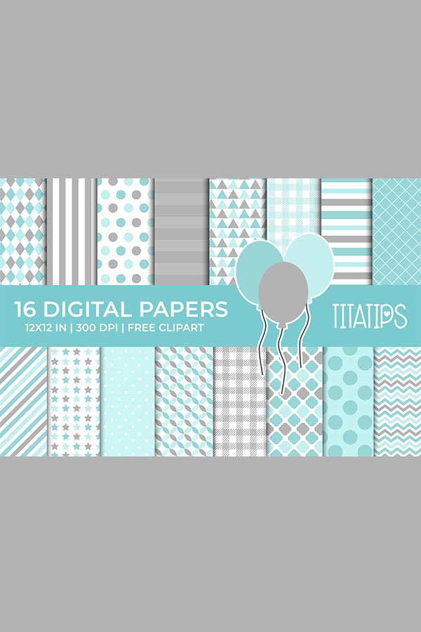 Light Blue & Gray Digital Papers Set, Free Balloons Clipart