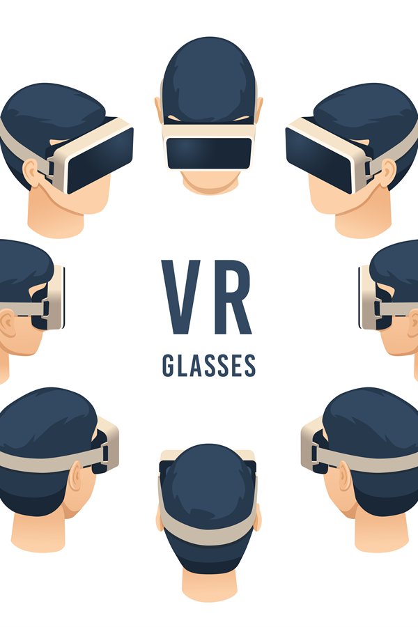 Head in vr glasses. Isometric virtual reality headset game o