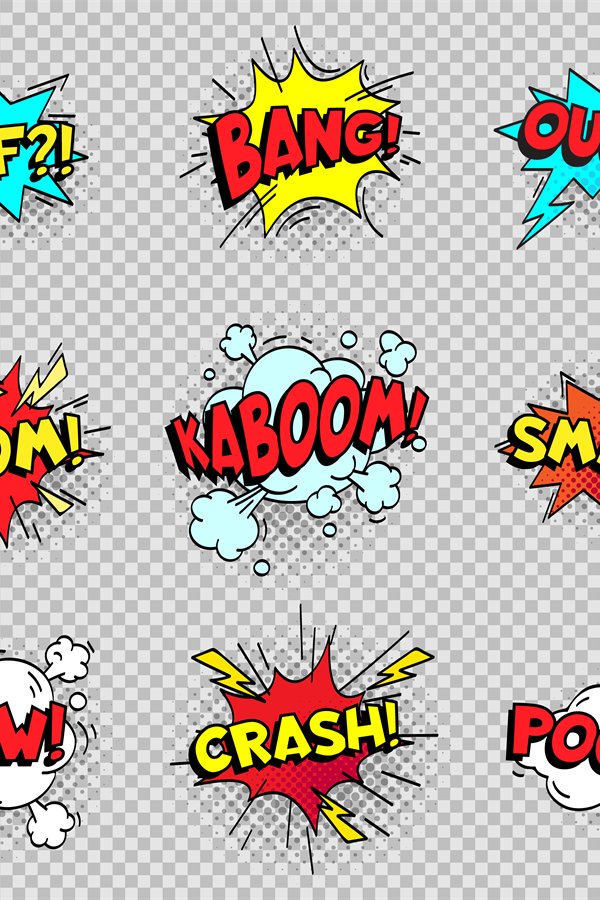 Comic speech bubbles. Cartoon explosions text balloons. Wtf